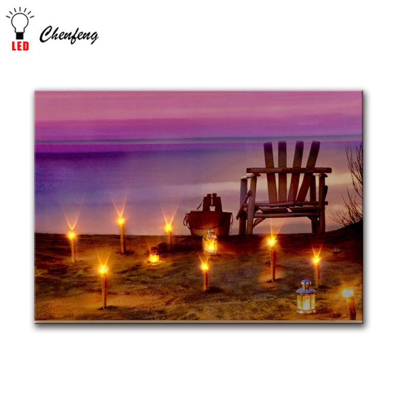 Led Lighted Lake Beach Canvas Wall Art With Flickering Candle Details ...