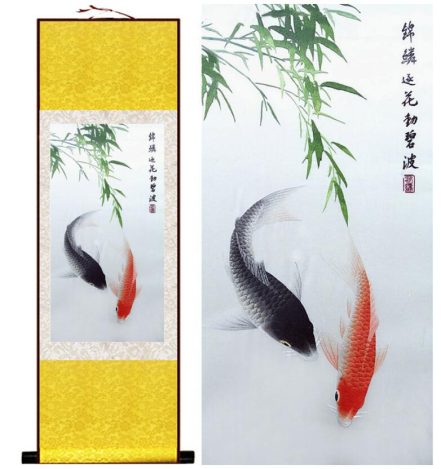 Traditional Chinese Silk Scroll Fish Painting Artistic Picture Print ...
