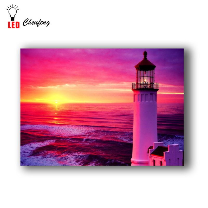 16x24in Led Lighted Lighthouse Canvas Print Beach Sunset Wall Art ...