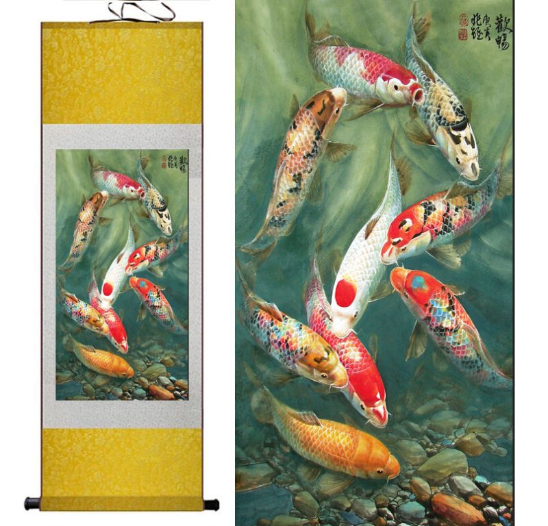 Traditional Chinese Silk Scroll Art Fish Painting Handpainted Printed ...