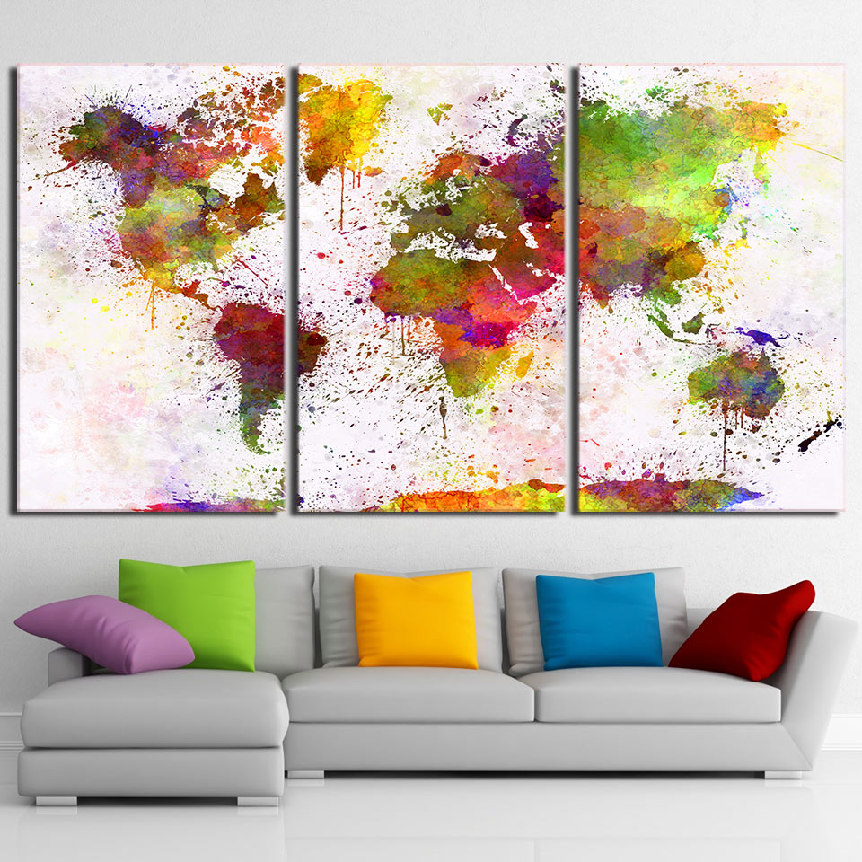 Hd Color World Map Canvas Art 3piece Abstract Wall Poster Set ...