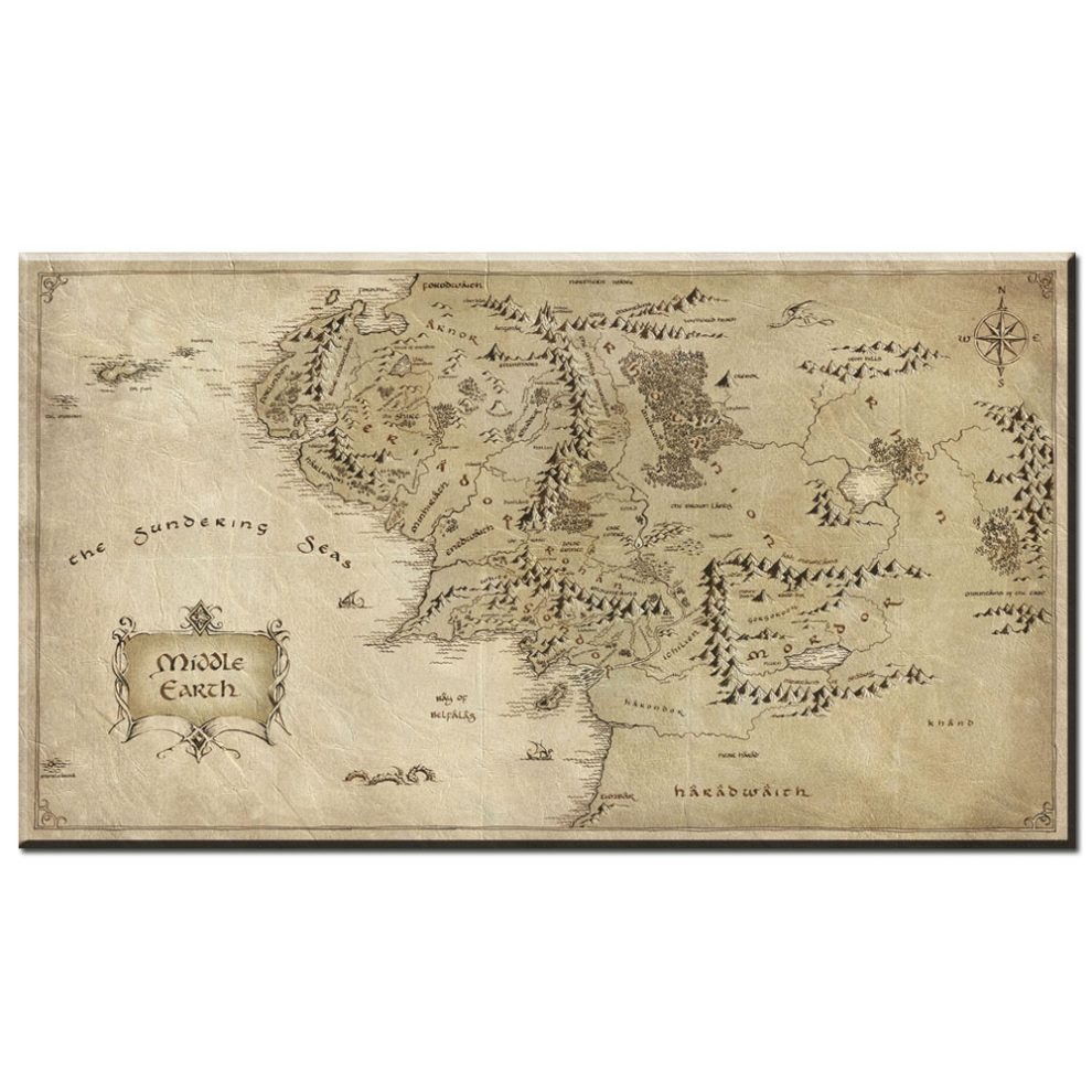 Vintage Middle Earth Map Canvas Art Retro Hobbit Oil Painting Poster ...