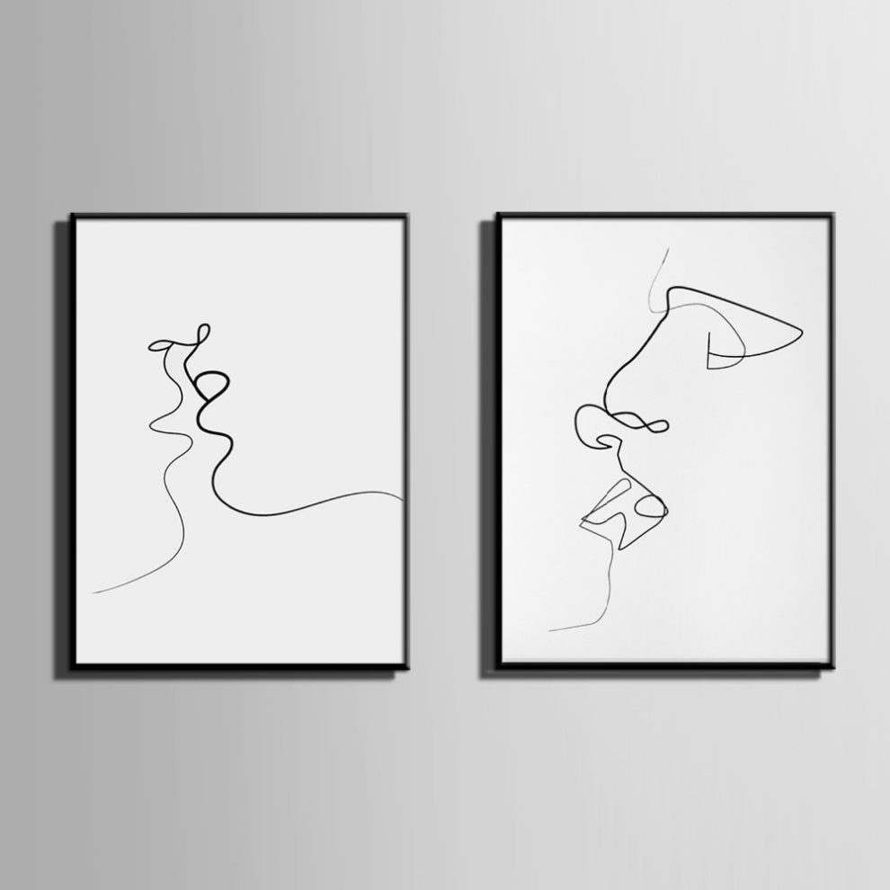 Scandinavian Style Kiss Line Art Framed Canvas Wall Print For Home ...